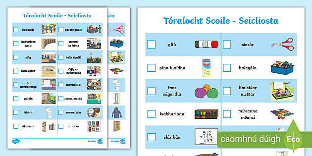 The School Aistear Welcome Hunt Checklist Gaeilge - Twinkl