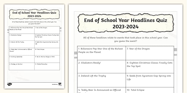 End of School Year Headlines Quiz 2023-2024 Activity Sheet