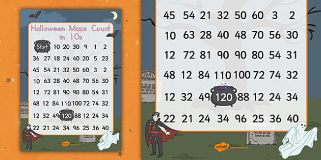 Halloween Counting in 10s Maze - Twinkl
