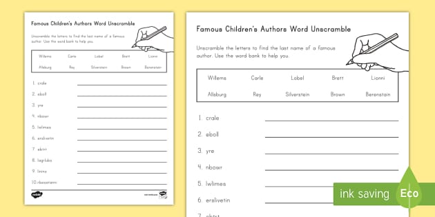 Famous Children's Authors Word Unscramble for K-2nd Grade