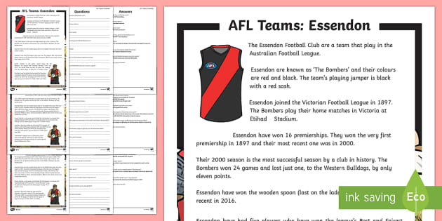 AFL Teams Essendon Bombers Differentiated Reading Comprehension Activity AFL Teams Essendon Bombers Differentiated Reading Comprehension Activity