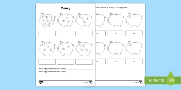 ‘Piggy Banks’ Money Worksheets- easy to download and print.