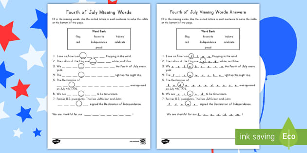 Independence Day Worksheets - Riddle Activity