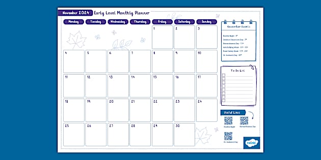 November Early Level Teacher A3 Doodle Month to View Planner