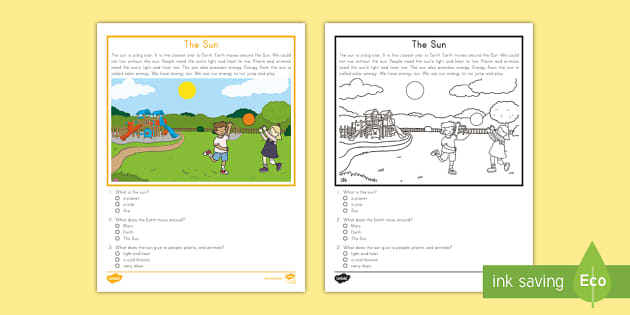 First Grade The Sun Reading Passage Comprehension Activity