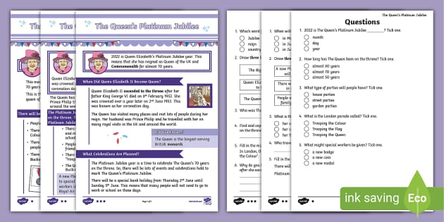 KS1 The Queen's Platinum Jubilee Reading Comprehension