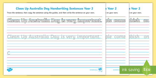 Clean Up Australia Day Year 2 Handwriting Worksheet - English