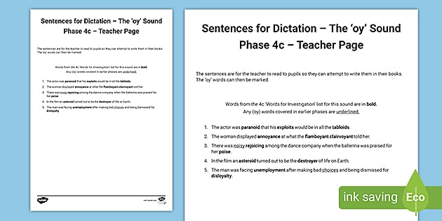Linguistic Phonics Phase 4c 'oy' Dictation Sentences Teacher Worksheet
