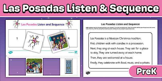 Prekindergarten Las Posadas Listen and Sequence Worksheet