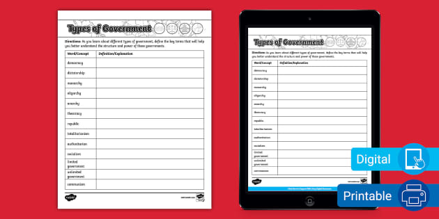 Types of Government Vocabulary Activity for 6th-8th Grade