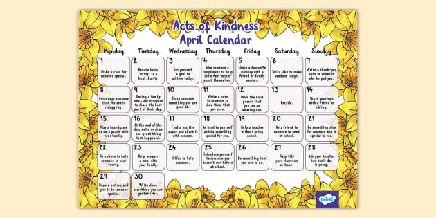 Acts of Kindness April Calendar Easter-Themed Poster