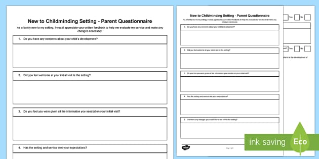 New to Childminding Setting - Parent Questionnaire - Twinkl