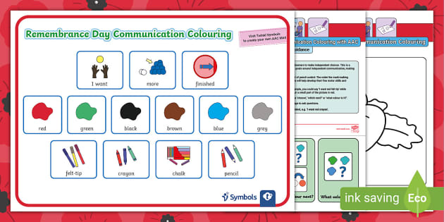 Twinkl Symbols: Remembrance Day Communication Colouring Activity with AAC