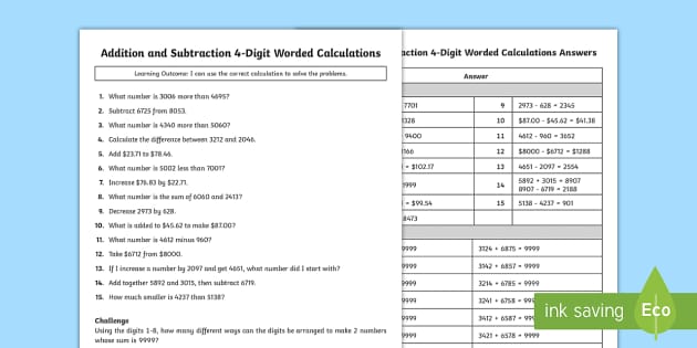 Addition and Subtraction 4 Digit Worded Calculations Worksheet / Worksheet
