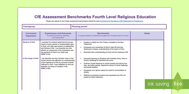 CfE Fourth Level Religious Education (Roman Catholic) Benchmarks Assessment