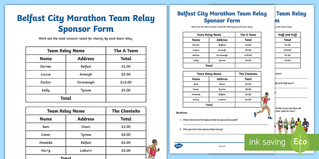Belfast City Marathon Sponsor Form Maths Worksheet