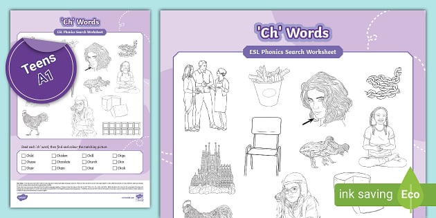 ESL 'Ch' Words Phonics Search Worksheet (teacher made)