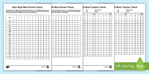 Blue Reading Sight Words Checklist (professor feito)