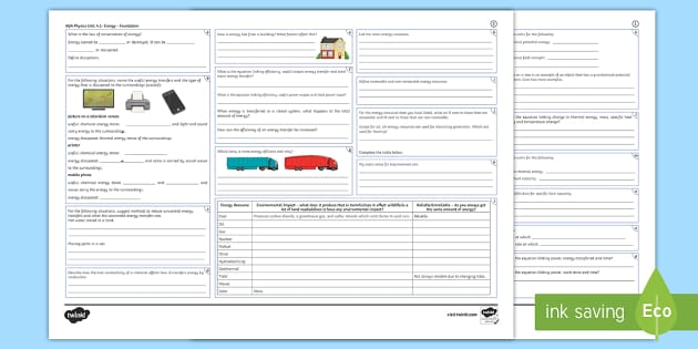 AQA Physics (Combined) Unit 1 Energy Foundation Revision Activity Mat