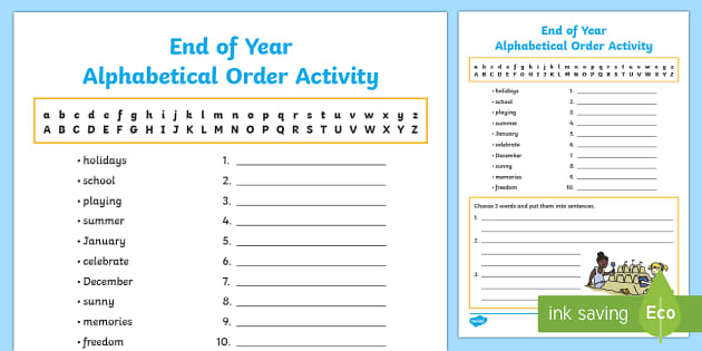 End Of Year Alphabetical Order Worksheet Worksheet