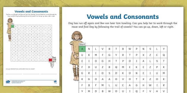KS2 Stone Age Consonants and Vowels Maze Worksheet - Twinkl