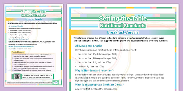 Setting the Table Nutritional Standards - Breakfast Cereals Setting the Table Nutritional Standards - Breakfast Cereals