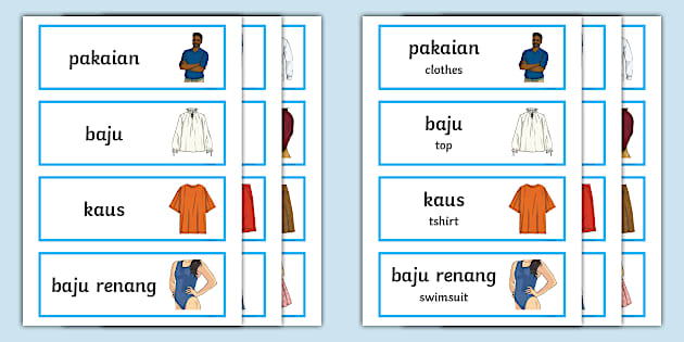 Clothes and Accessories Word Cards - Indonesian - Twinkl