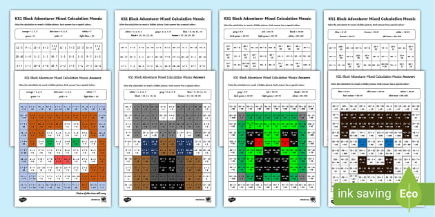 Block Adventurer Mixed Calculation Mosaic Worksheet - Twinkl