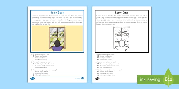 First Grade Rainy Days Reading Passage Comprehension Activity