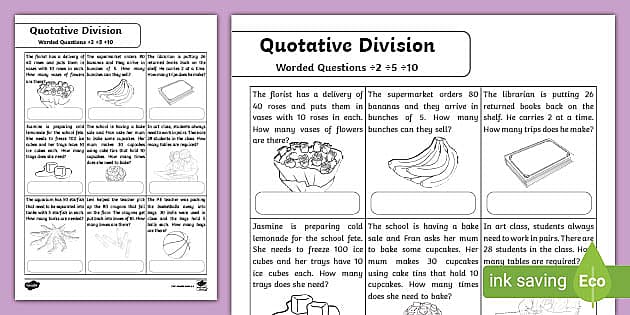 Quotative Division Worded Questions 2 5 10 Twinkl