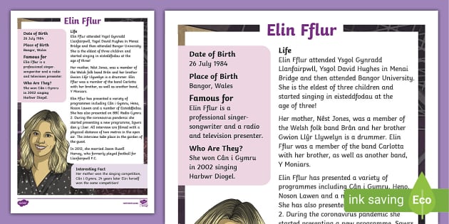 Elin Fflur Fact File (teacher made) - Twinkl