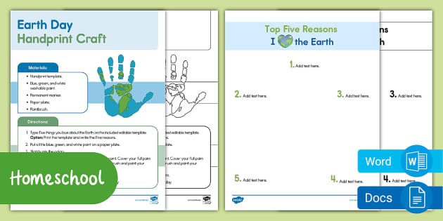 Editable Earth Day Handprint Craft Word & Google Docs