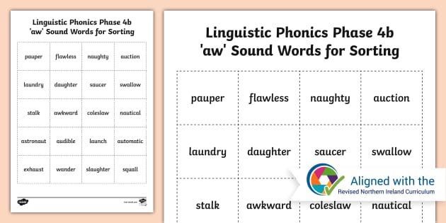 NI Linguistic Phonics Phase 4b ‘aw’ Sound Words for Sorting