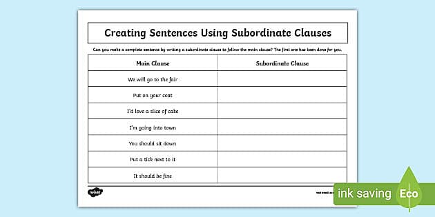 KS2 Writing Subordinate Clauses Worksheet