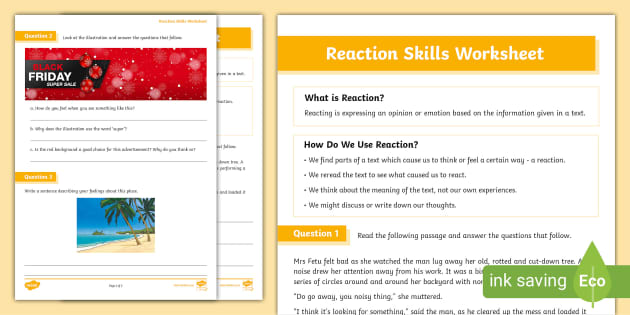 Reading Comprehension Skills: Reaction Worksheet (Year 5-6)