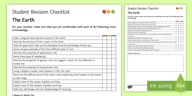 The Earth Student Revision Checklist (teacher made) - Twinkl