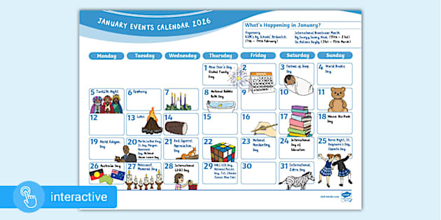January Events Calendar (2025) (teacher made) - Twinkl