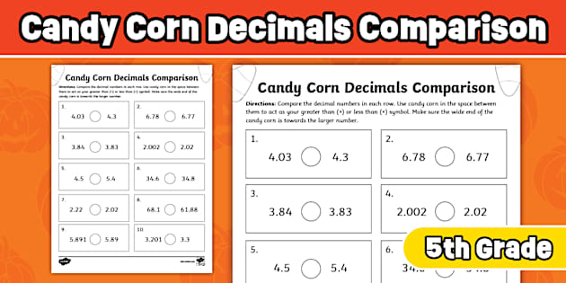 Fifth Grade Candy Corn Decimals Comparison Worksheet