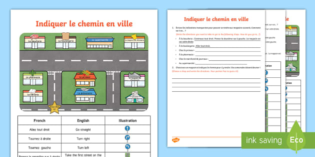 Buildings, Directions and Shops in Town Differentiated Worksheet French