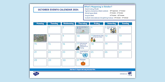 Interactive October Events Second Level Teacher Calendar