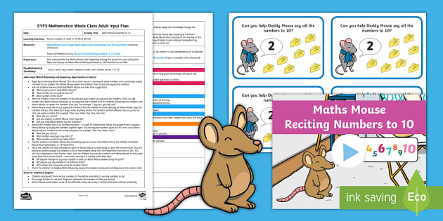 EYFS Maths: Maths Mouse Counting to 10 Whole Class Adult Input Plan and