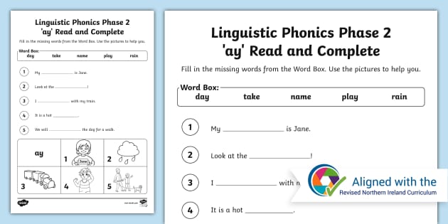 Linguistic Phonics Phase 2 Read Complete 'ay' Activity Sheet