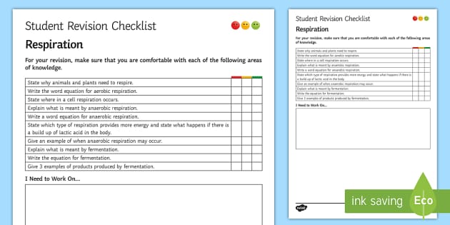 Respiration Student Revision Checklist (teacher made)