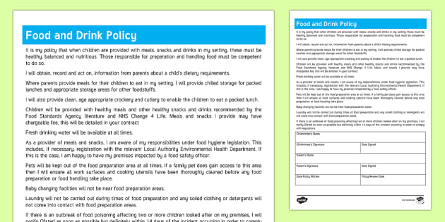 Food and Drink Policy for Childminders (teacher made)