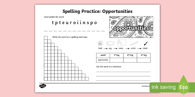 Opportunities Spelling Practice Worksheet (teacher made)