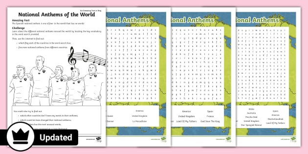 National Anthems of the World Worksheet / Worksheet - Twinkl