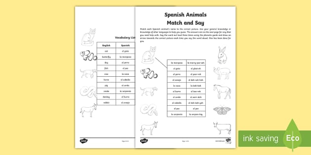 Spanish: Animals Match and Say Activity Sheet (teacher made)