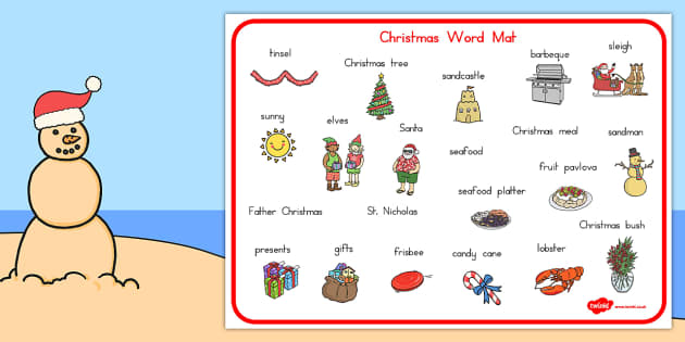 Australian Christmas Word Mat - mats, literacy, celebrations
