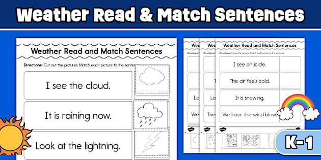 Weather Read and Match Sentences Cut and Paste Worksheets for K-1st Grade