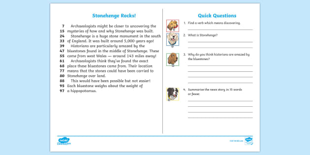 LKS2 Stonehenge Rocks Daily News 60-Second Read Activity Cards